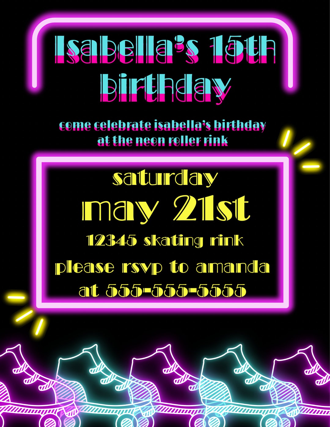 Neon Birthday Party Invitation Template - Etsy