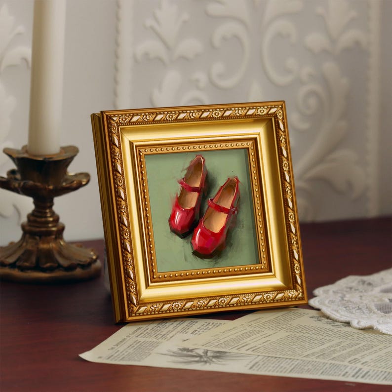 Small Oil Painting With Gold Frame:red Dance Shoes,hand-painted Artwork ...