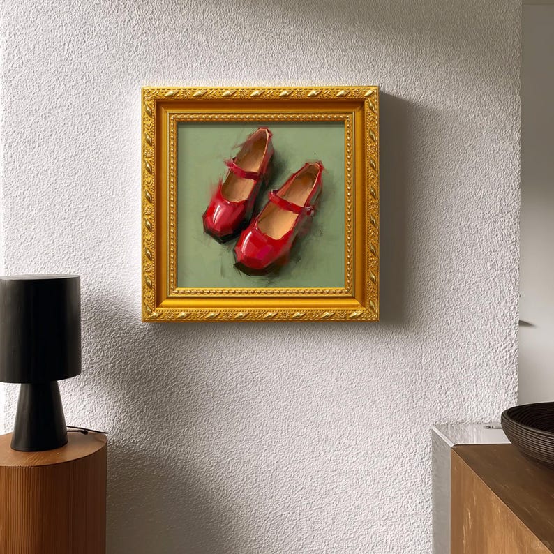 Small Oil Painting With Gold Frame:red Dance Shoes,hand-painted Artwork ...