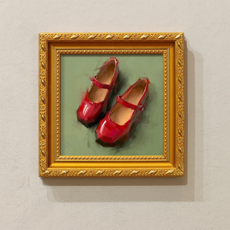Small Oil Painting With Gold Frame:red Dance Shoes,hand-painted Artwork ...