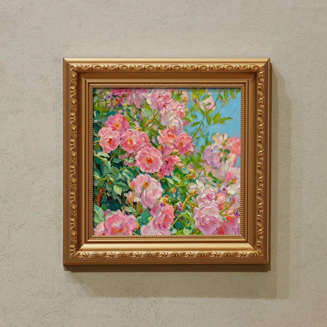 Small Handmade Pink Rose Bush Oil Painting - for Bedroom Decor - Etsy