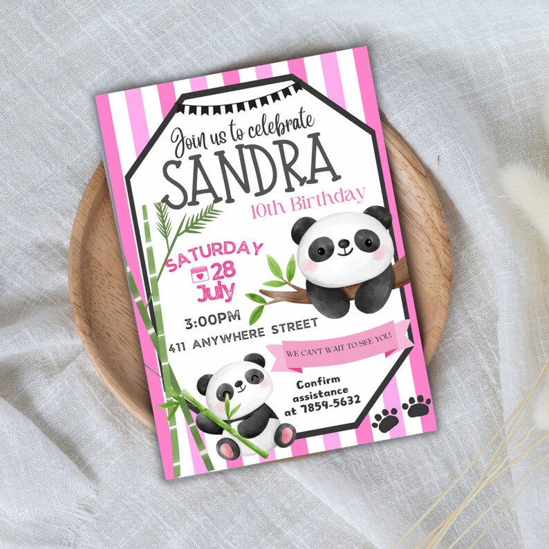 Editable Panda Birthday Invitation Template for Kids in Pink Tones ...