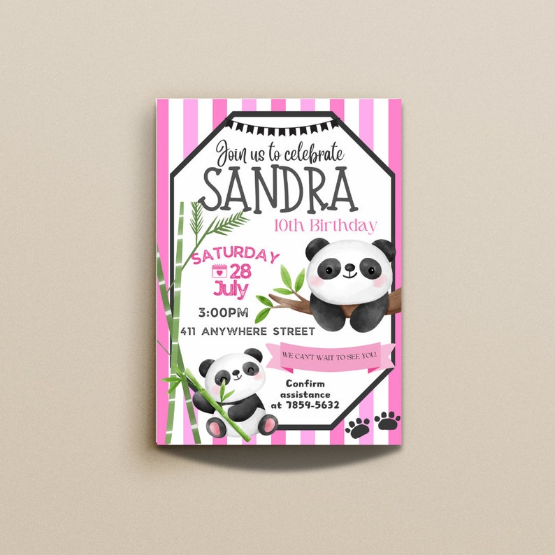 Editable Panda Birthday Invitation Template for Kids in Pink Tones ...