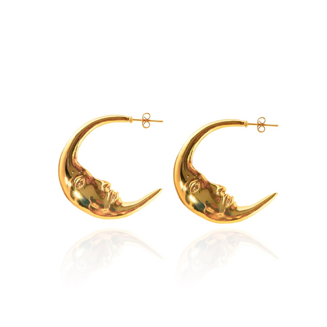 Gold Crescent Moon Hoop Earrings With Face Design,statement Jewelry in ...