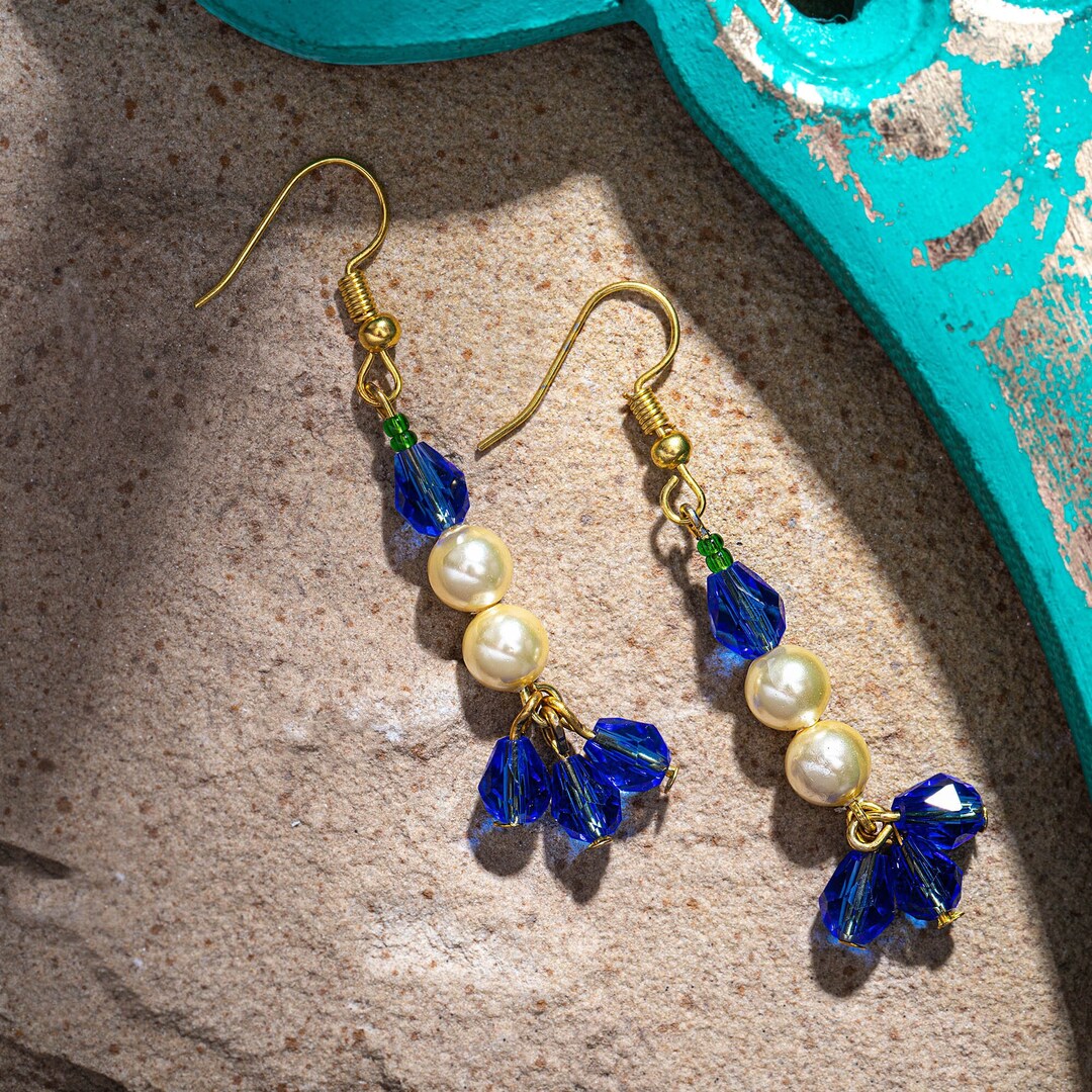 ASHA Blue Glass Bead, Pearl and Golden Metal Danglers - Etsy