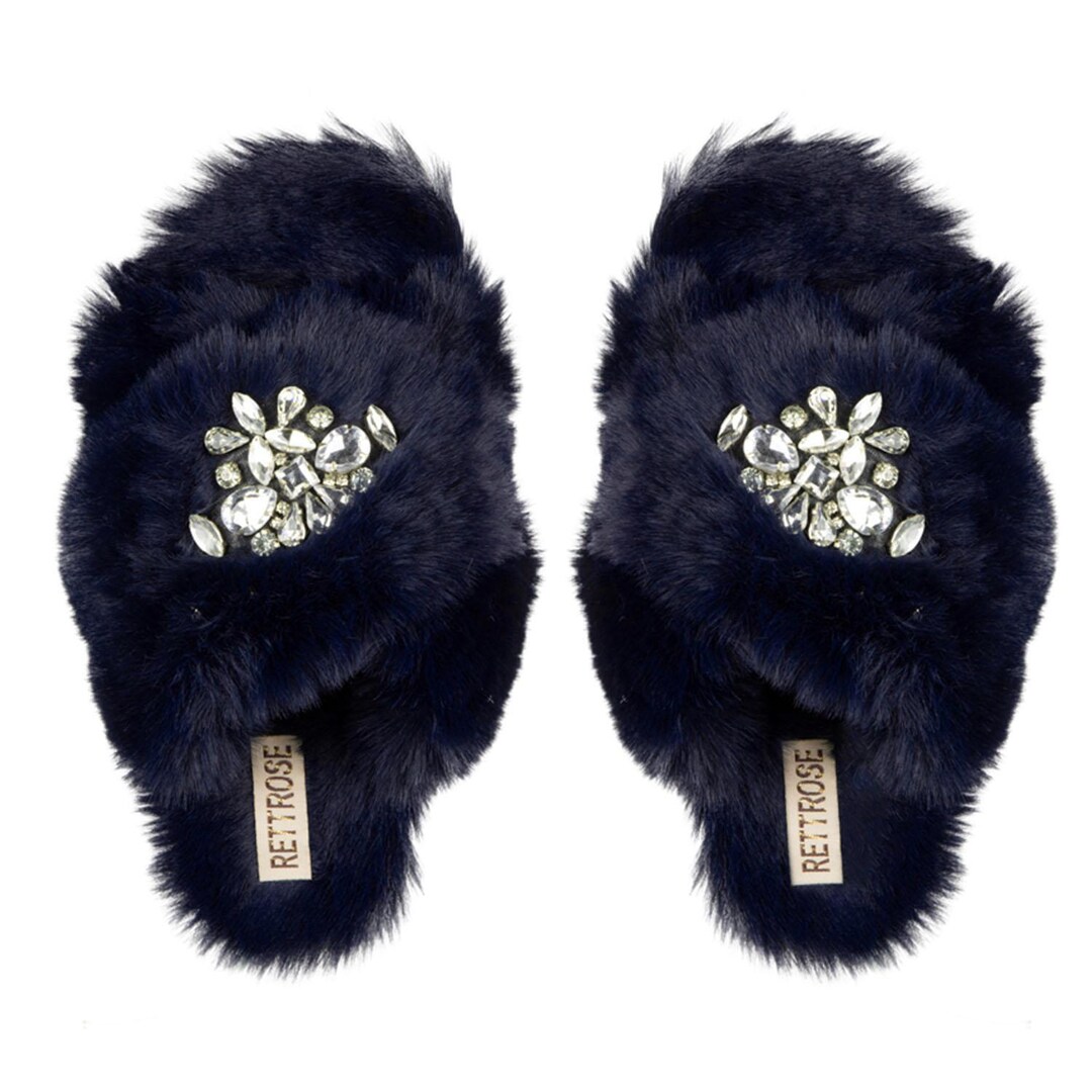 Audrey Navy Luxury Plush Diamanté Embellished Handmade Slipper - Etsy