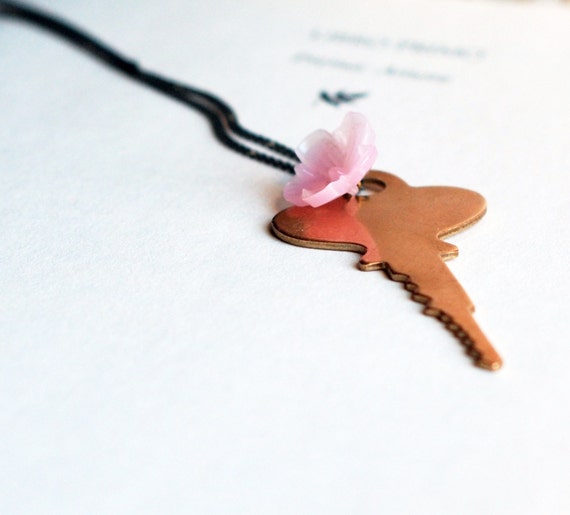 Items similar to Vintage Brass Key with Pink Flower necklace - FREE ...