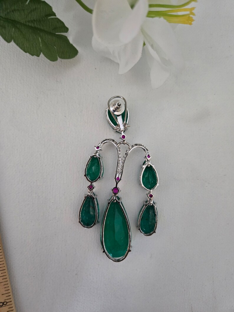 Emerald Green & Ruby Silver Diamond Chandelier Earrings. - Etsy