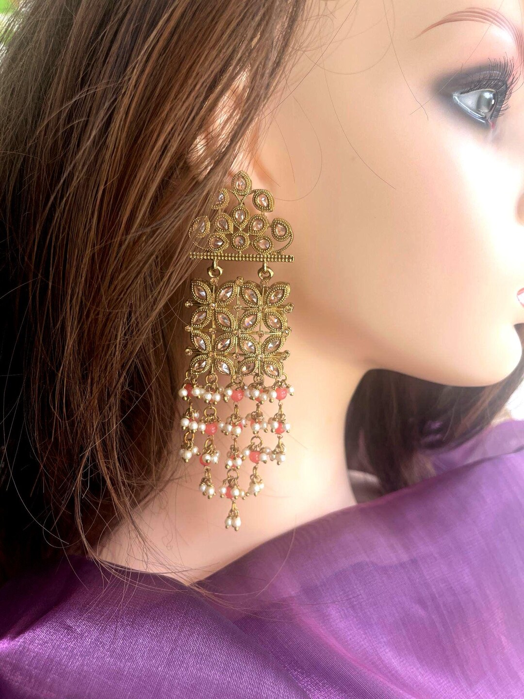 Polki Earrings,antique Gold Earring,long Earrings,mehndi Finish Earring ...