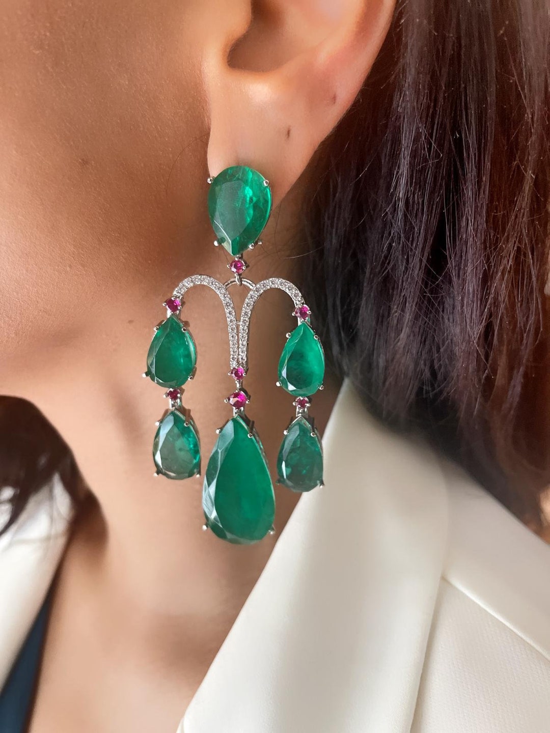 Emerald Green & Ruby Silver Diamond Chandelier Earrings. - Etsy