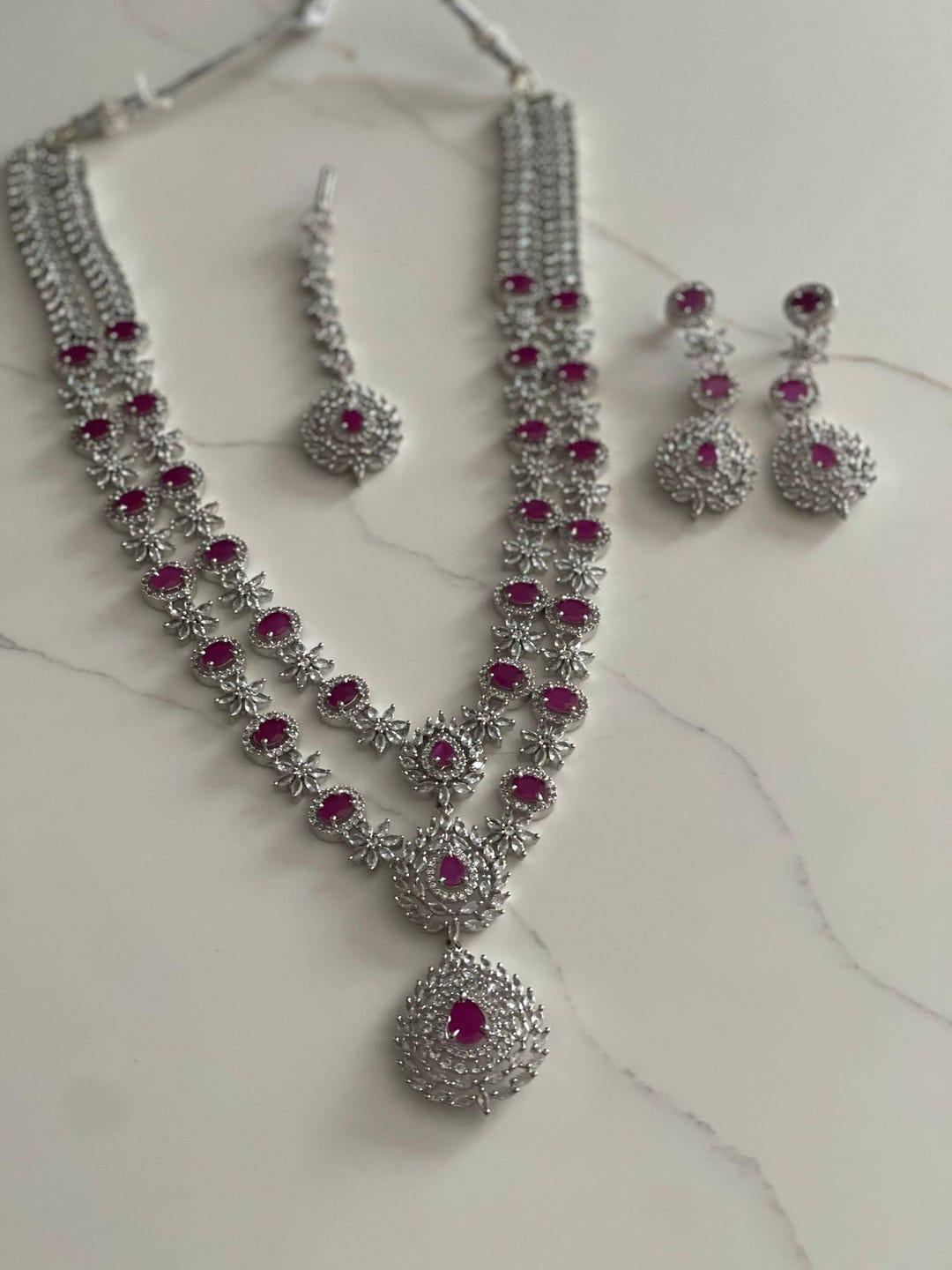 Ruby Pink Diamond Silver Double Layered Necklace Set,american Diamond ...