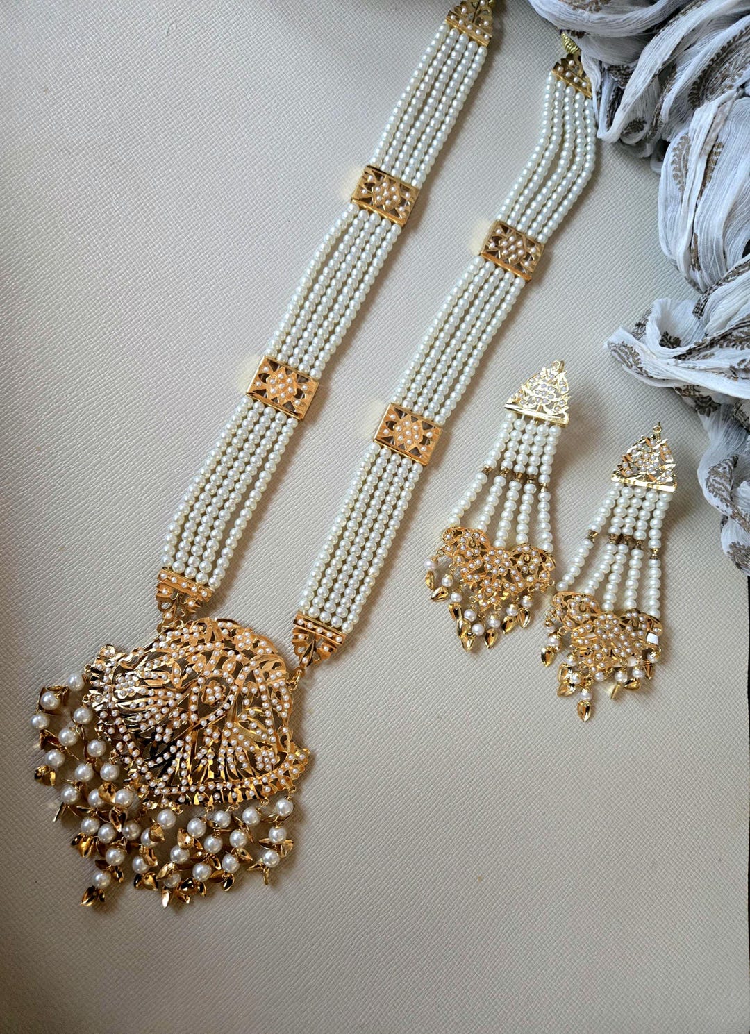 Long Necklace Set,jadau Long Set,gold and Pearl Set,tika Set,jadau ...