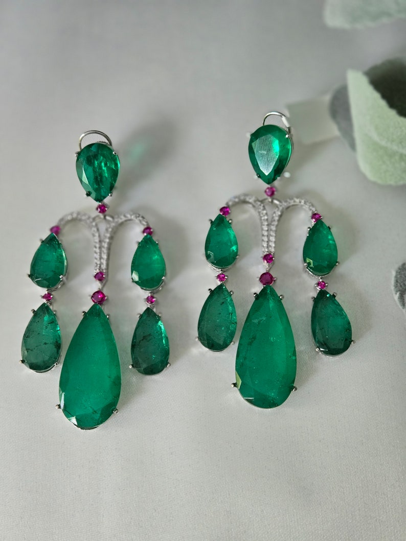 Emerald Green & Ruby Silver Diamond Chandelier Earrings. - Etsy