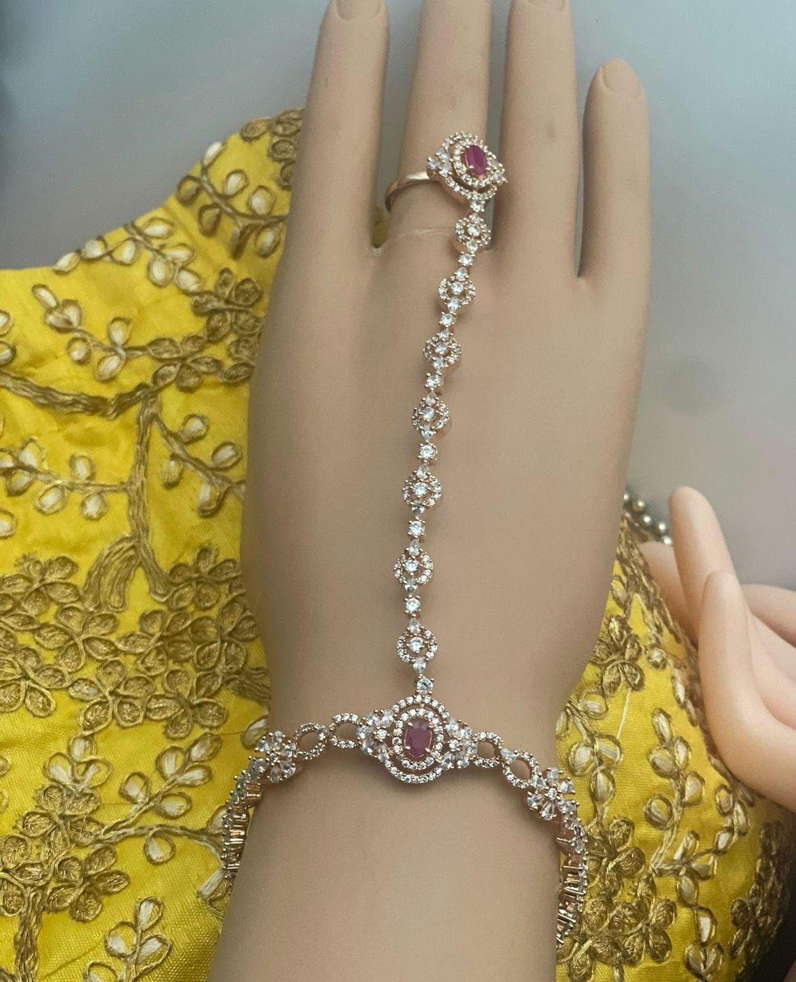 Single Diamond Bracelet/haath Phool/ring Link Bracelet/cz Jewelry/haath ...