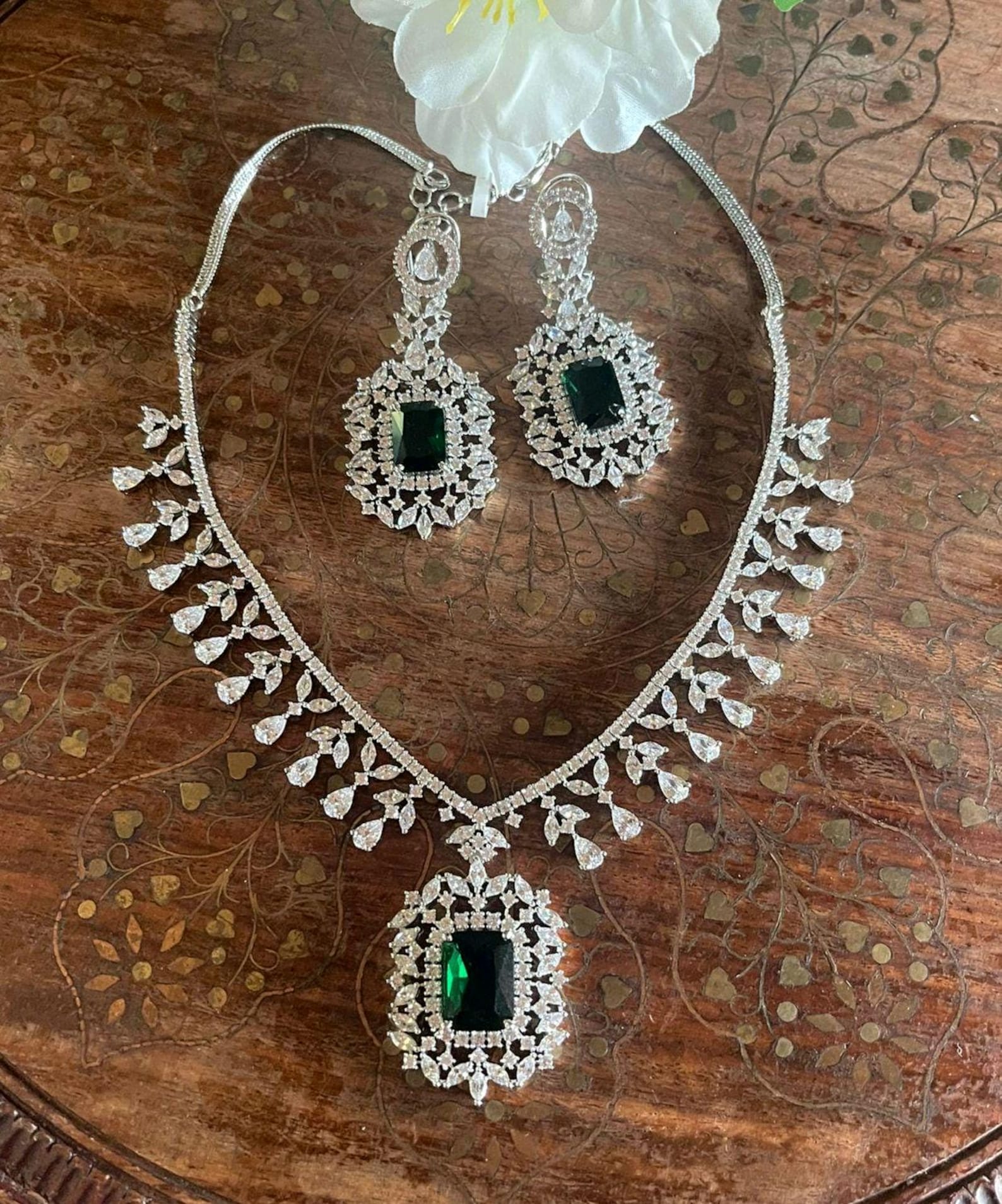 Silver Emerald Green Diamond Set/cz Necklace Set/emerald Green Set ...