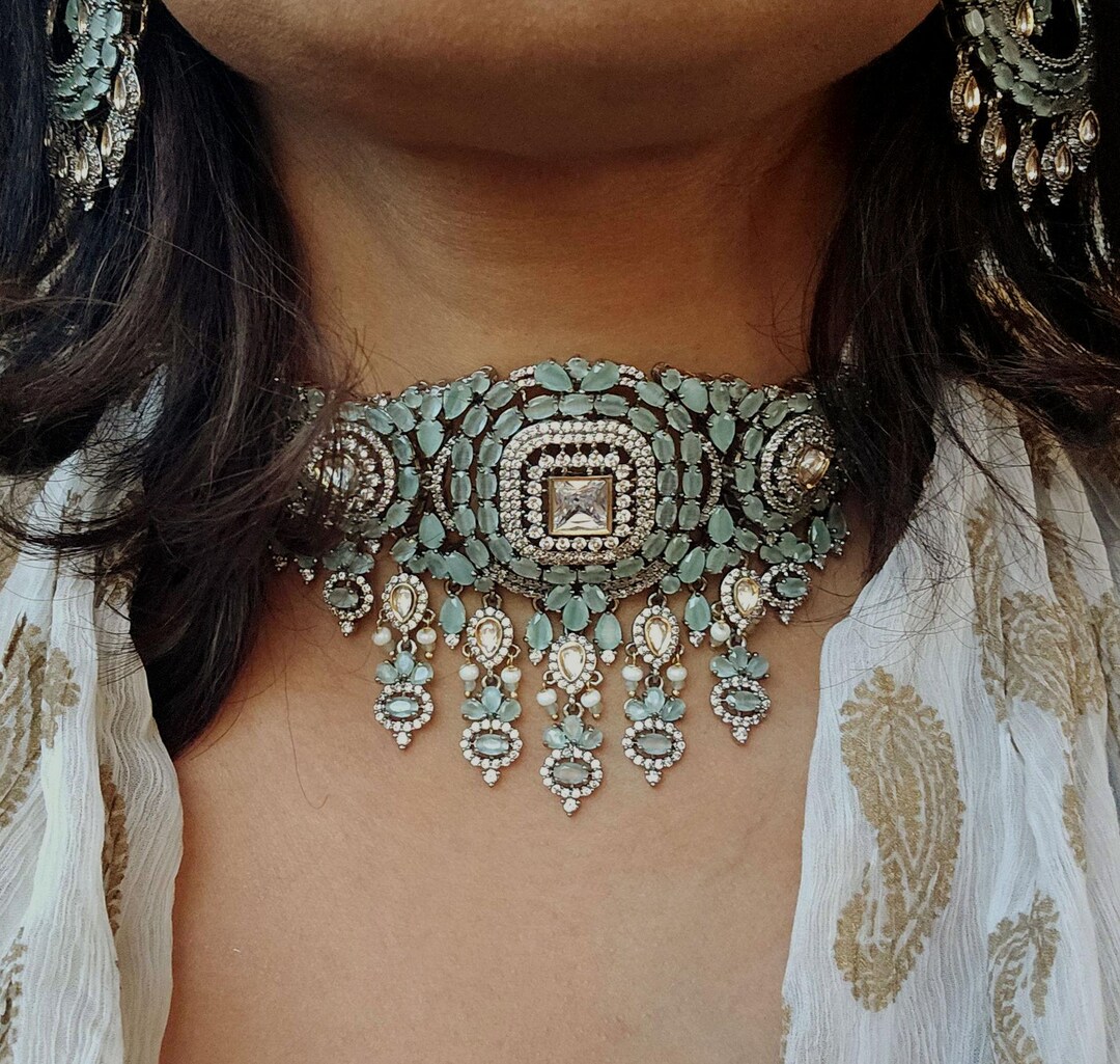 Victorian Choker Set,aqua Blue Stones Set,diamond Set,polki Choker Set ...