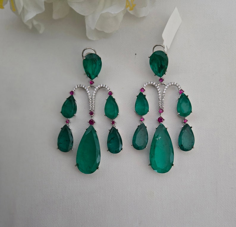 Emerald Green & Ruby Silver Diamond Chandelier Earrings. - Etsy