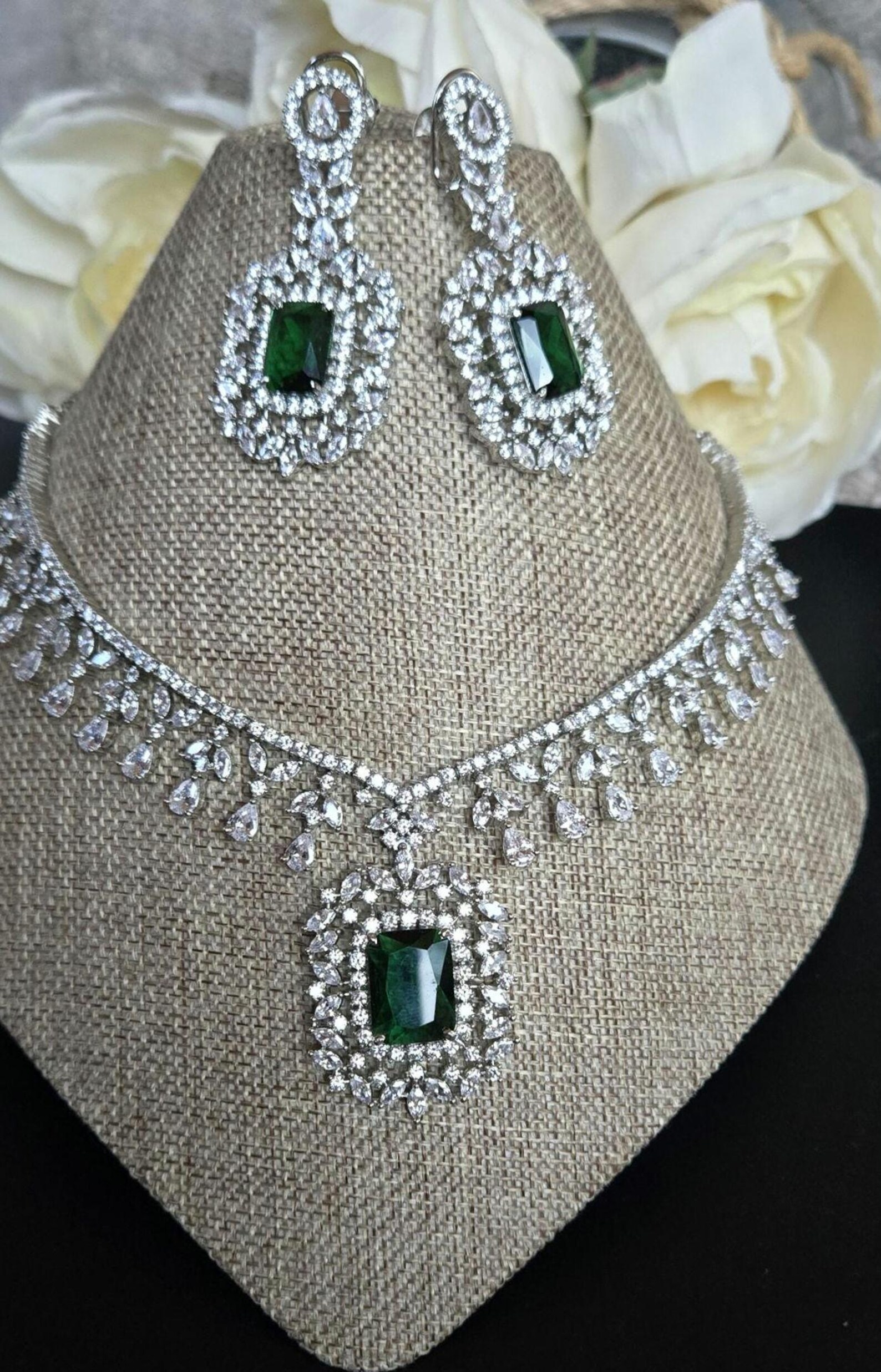 Silver Emerald Green Diamond Set/cz Necklace Set/emerald Green Set ...