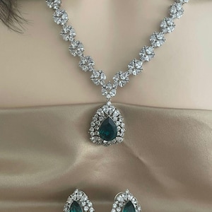 Emerald Green Diamond Necklace Set/green Diamond Set With Stud/cz Set ...
