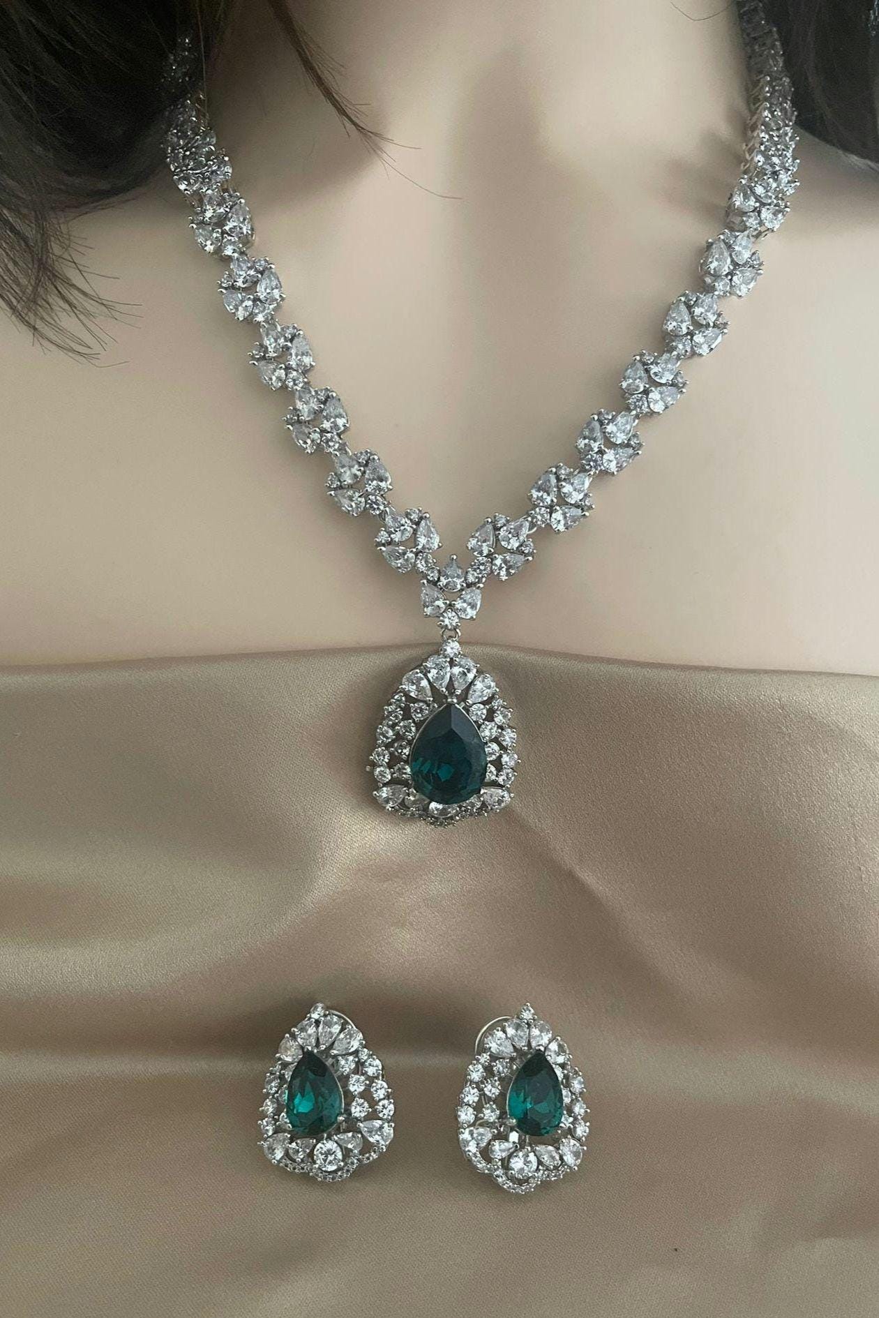 Emerald Green Diamond Necklace Set/green Diamond Set With Stud/cz Set ...