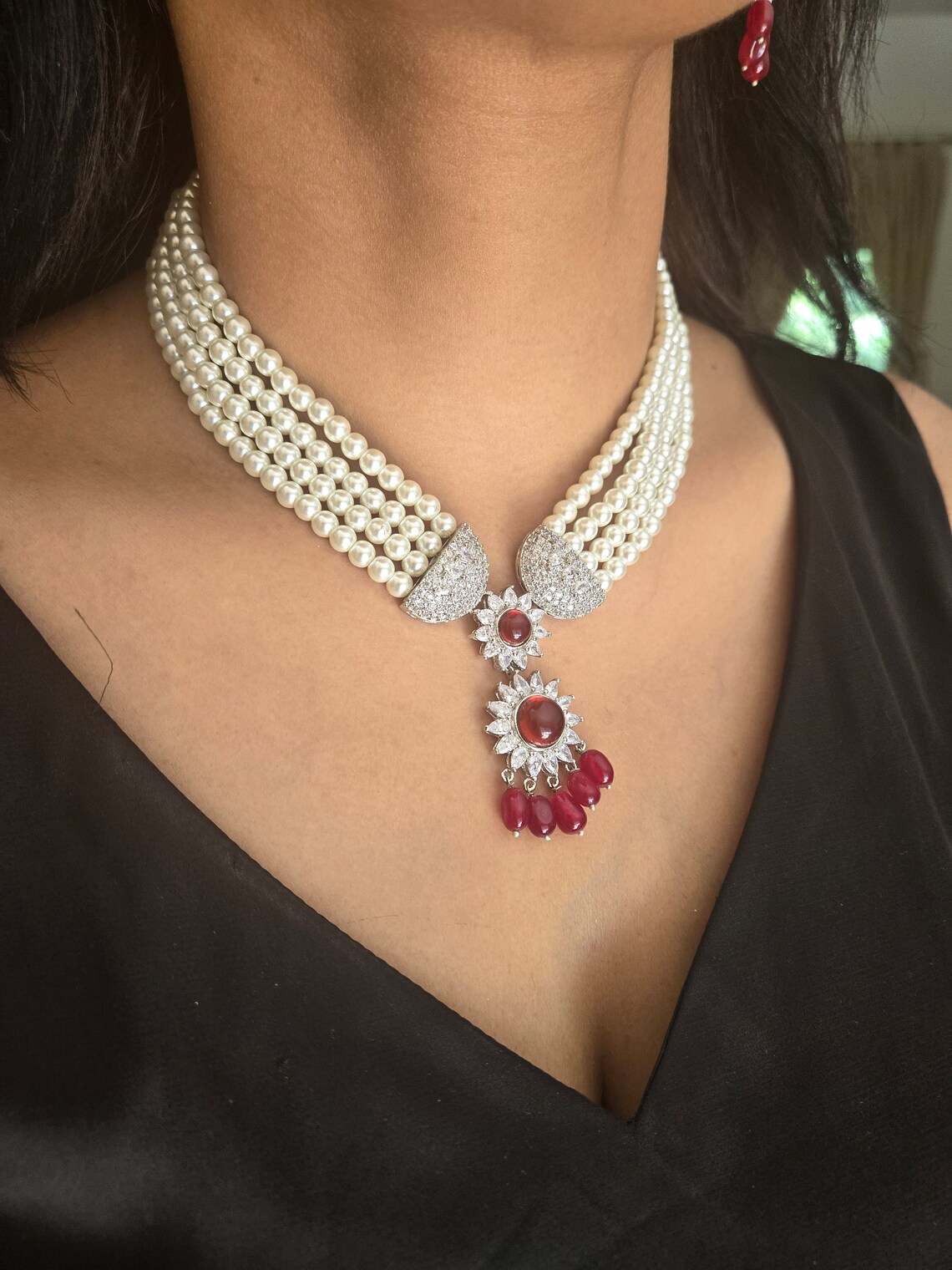 Pearl Strings Diamond Ruby Set With Tika/delicate Tika Necklace Set ...