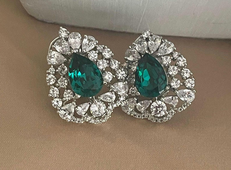 Emerald Green Diamond Necklace Set/green Diamond Set With Stud/cz Set ...