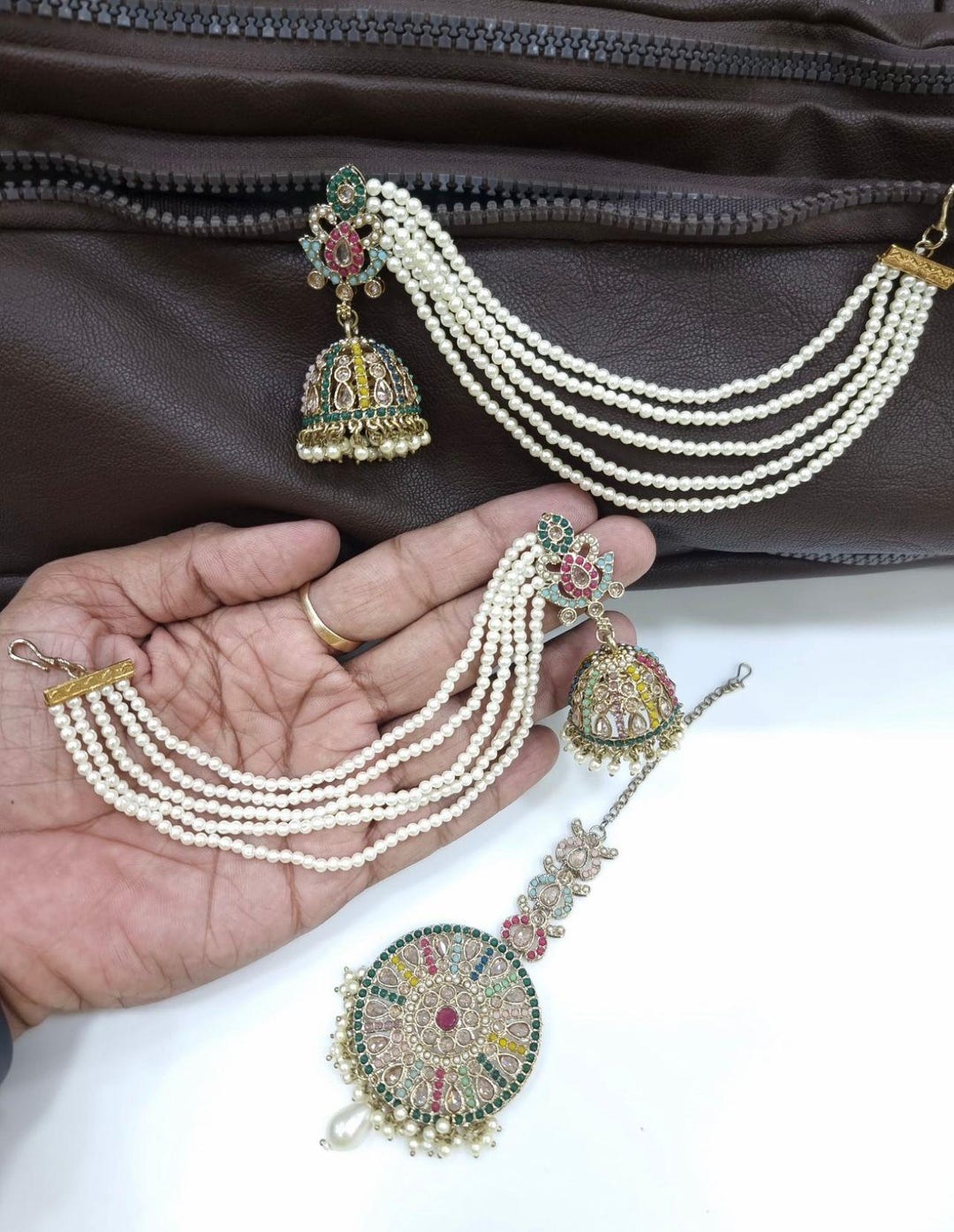 Multicolored Polki Tika Set in Mehndi Finish/tika Set With Jhumkis/hair ...