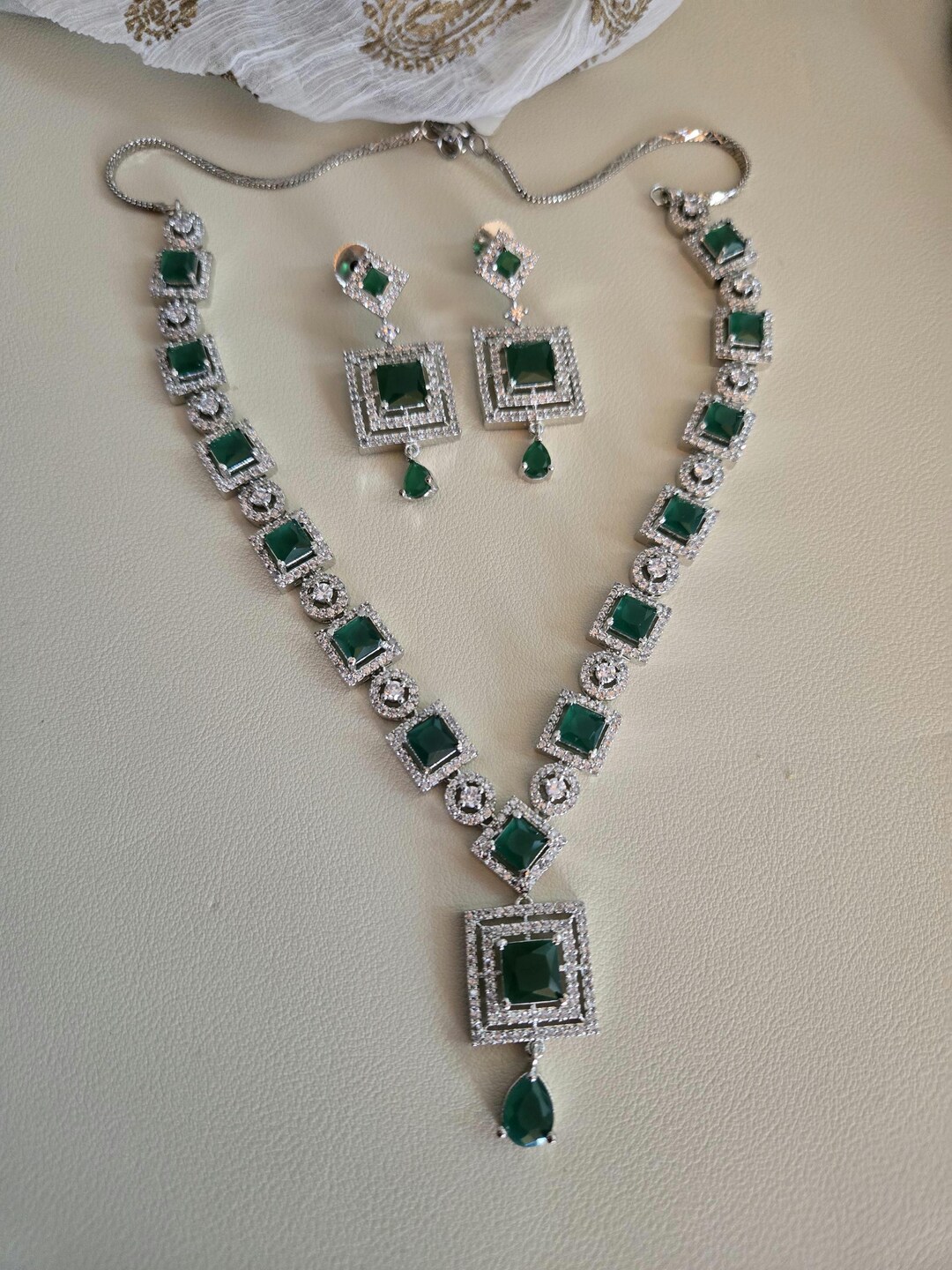 Emerald Green Necklace Set,diamond Set,green Diamond Set,cz Set ...