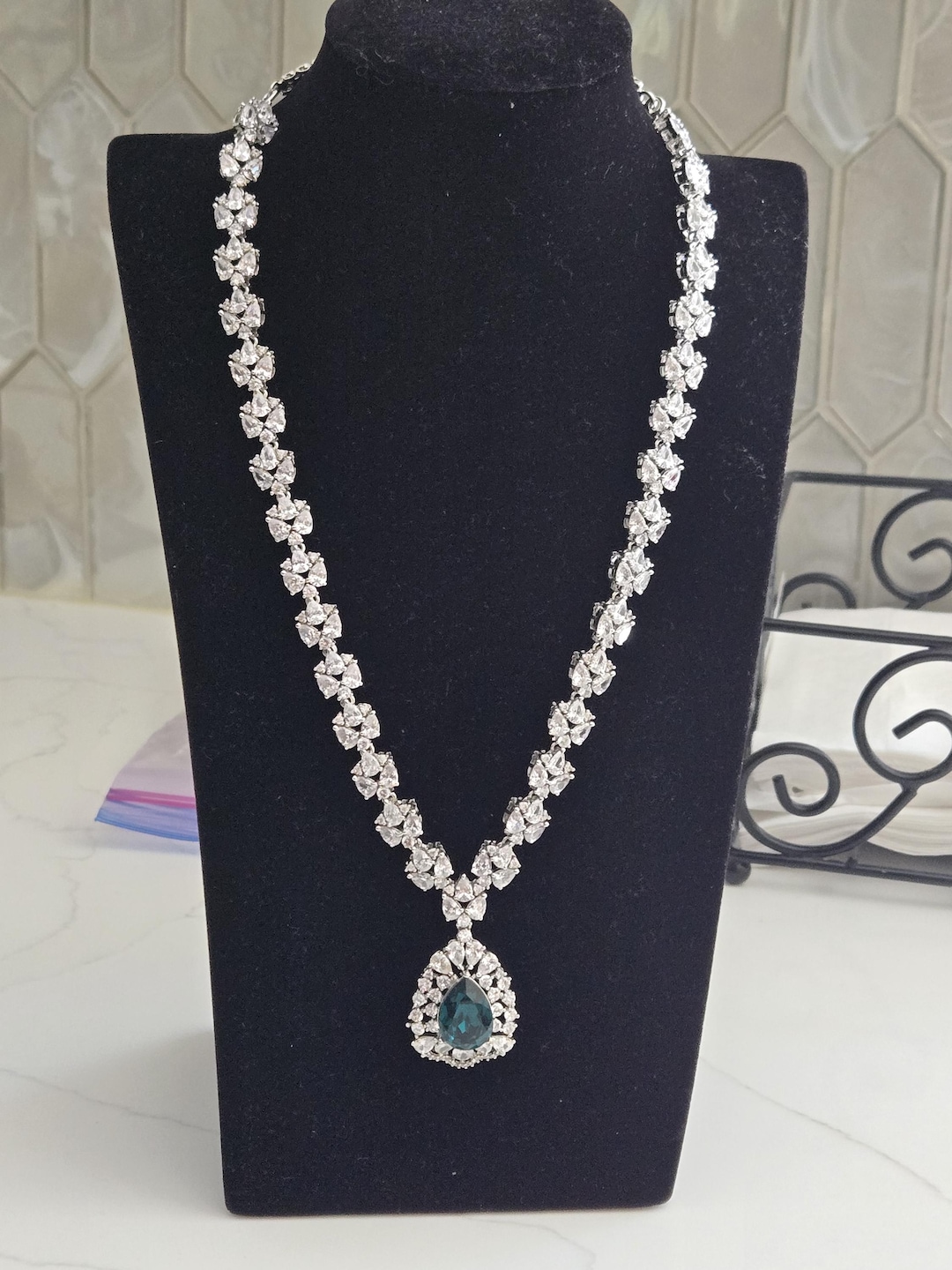 Emerald Green Diamond Necklace Set/green Diamond Set With Stud/cz Set ...