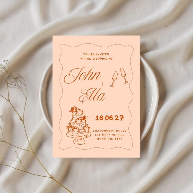Modern Orange Wave Wedding Invitation 5x7 Template | Editable in Canva ...