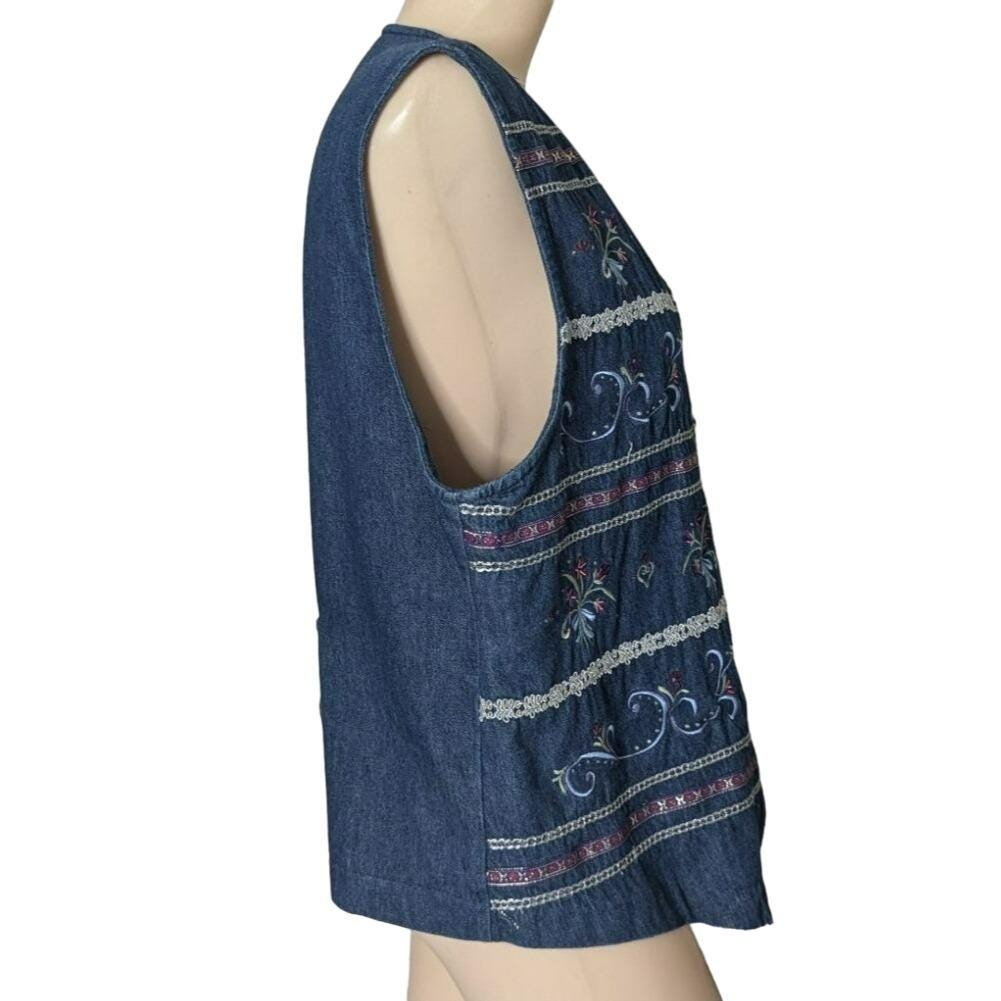 Vintage 90s Denim Vest Floral Embroidery Ribbon Cottagecore Zip up Size ...