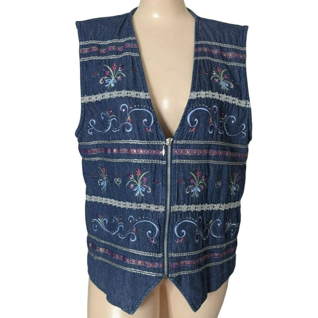 Vintage 90s Denim Vest Floral Embroidery Ribbon Cottagecore Zip up Size ...