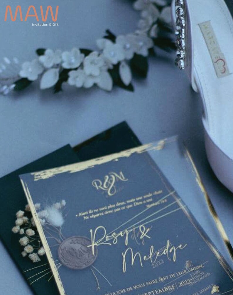 Clear Acrylic Wedding Invitations With Gold Foil Detailing Wax Seal ...