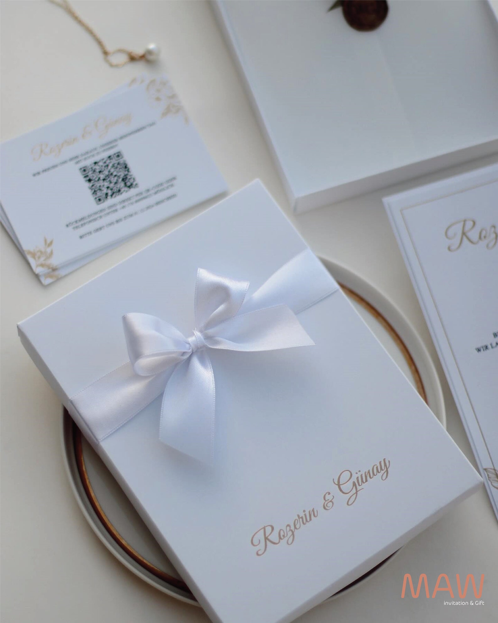 Luxurious White Wedding Box Invitation With Gold Foil Print and Satin Ribbon, Personalized for ...
