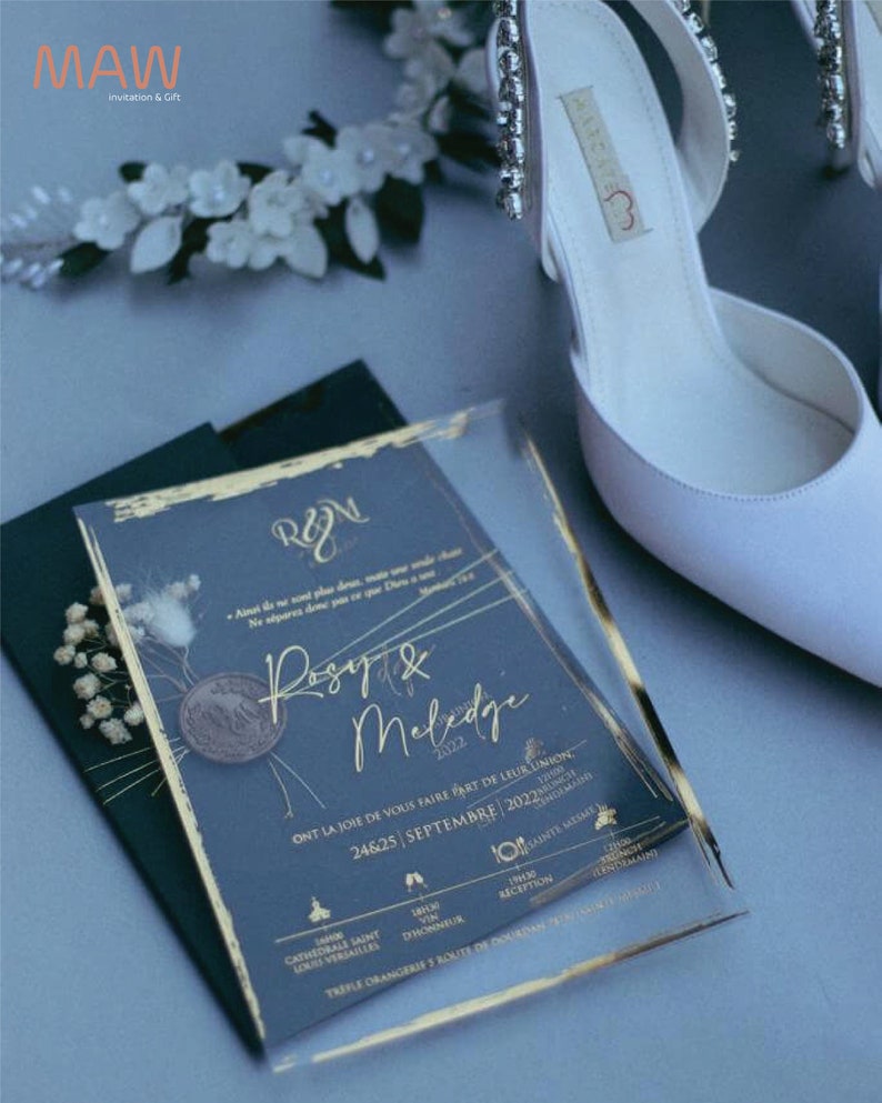 Clear Acrylic Wedding Invitations With Gold Foil Detailing Wax Seal ...