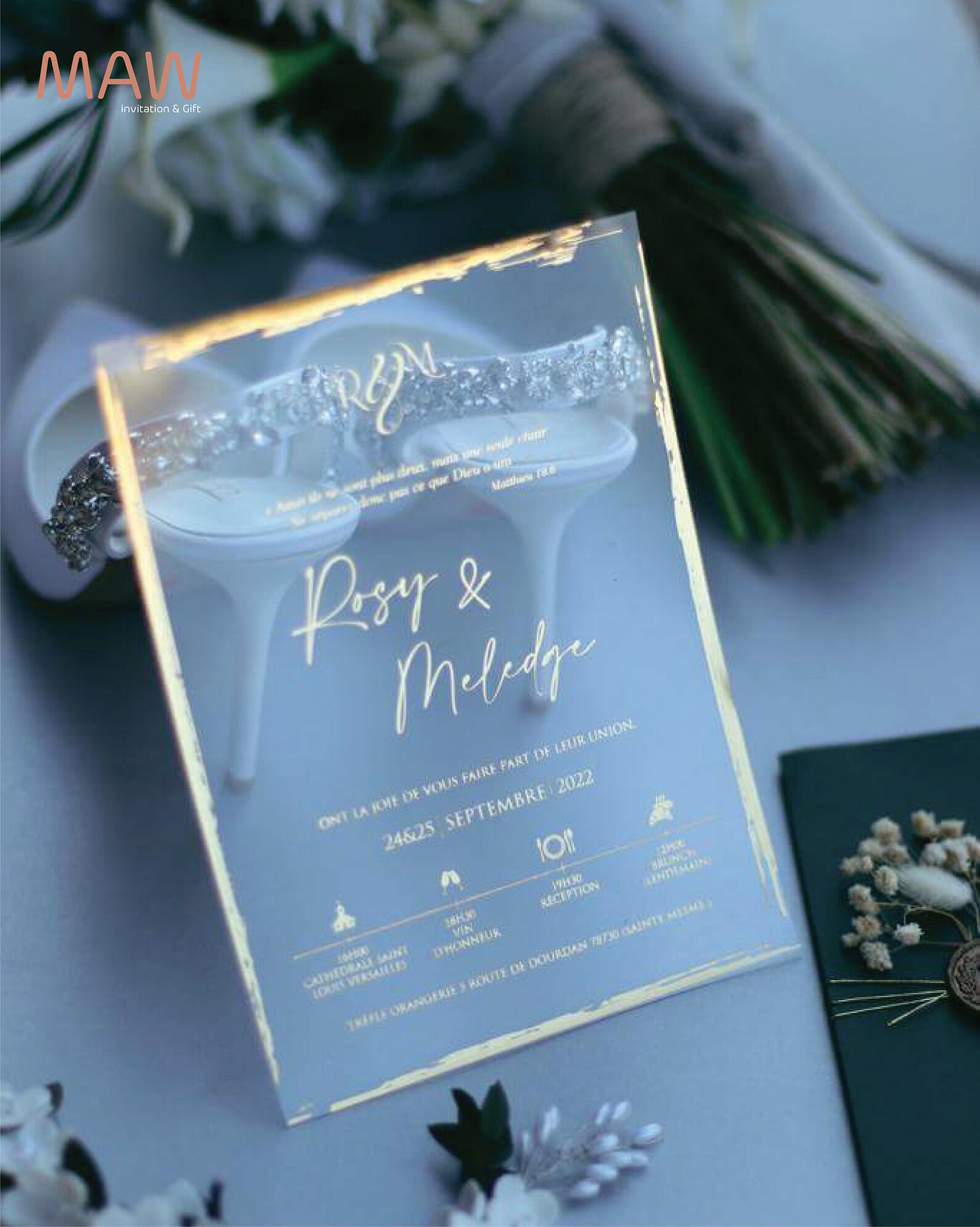 Clear Acrylic Wedding Invitations With Gold Foil Detailing Wax Seal ...