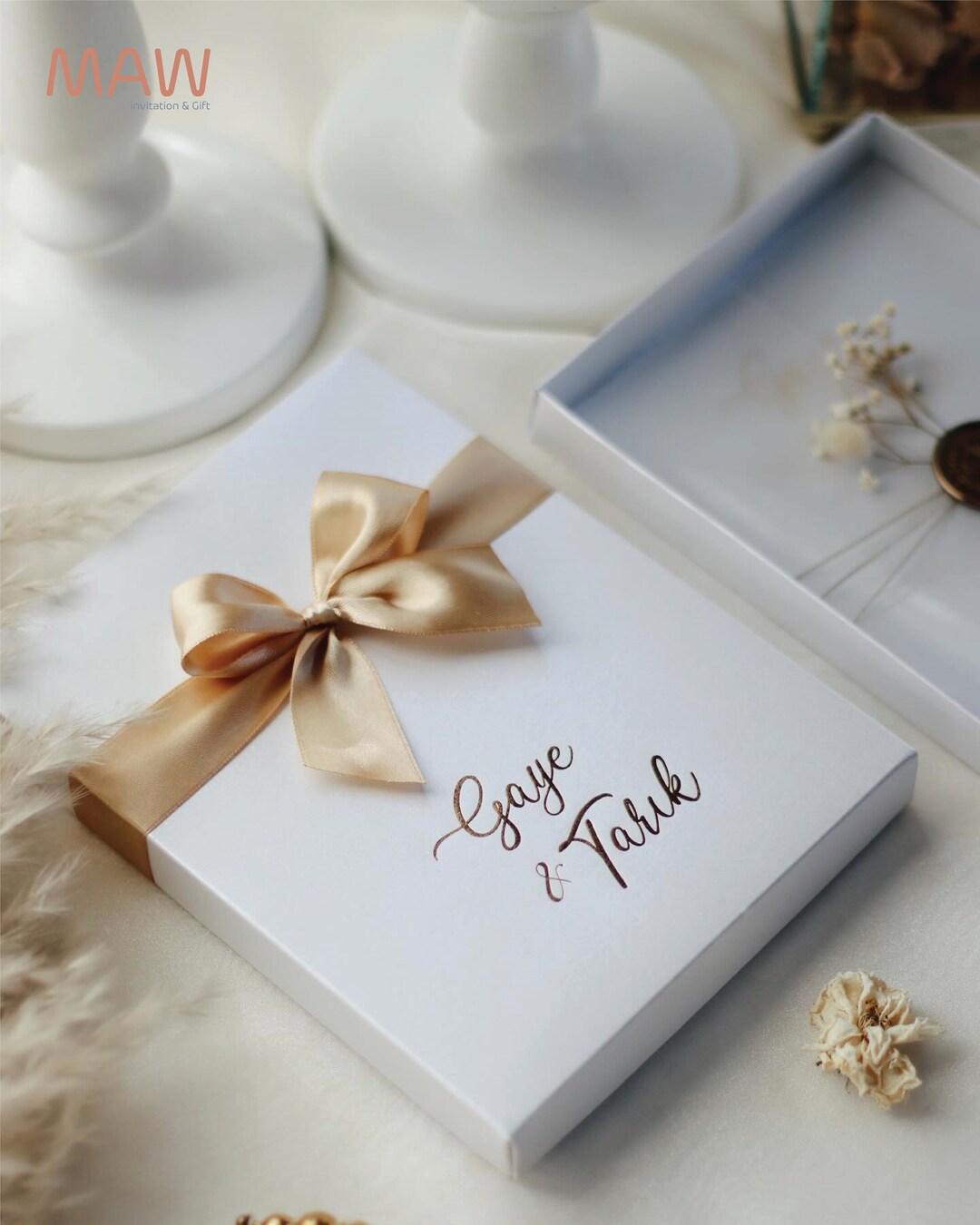 Luxurious White Box Wedding Invitation With Gold Foil Print and Satin ...