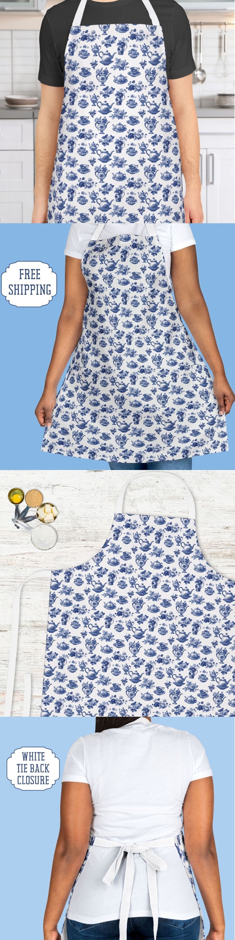 Blue and White Toile Pattern Apron for Kitchen Gift for Mom Birthday ...