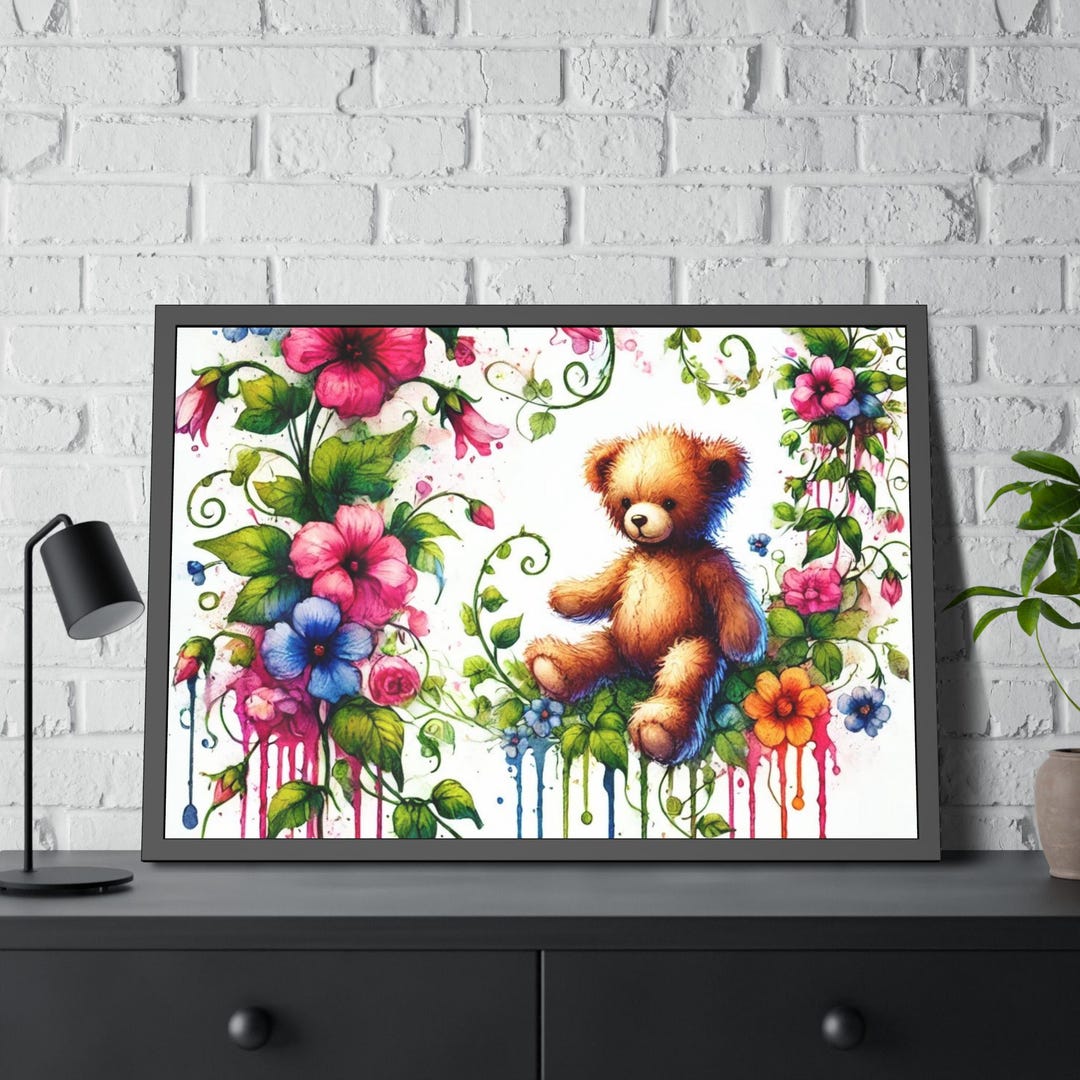 Watercolor Dripping Flower Vines With Teddy Bear Framed Paper Posters ...