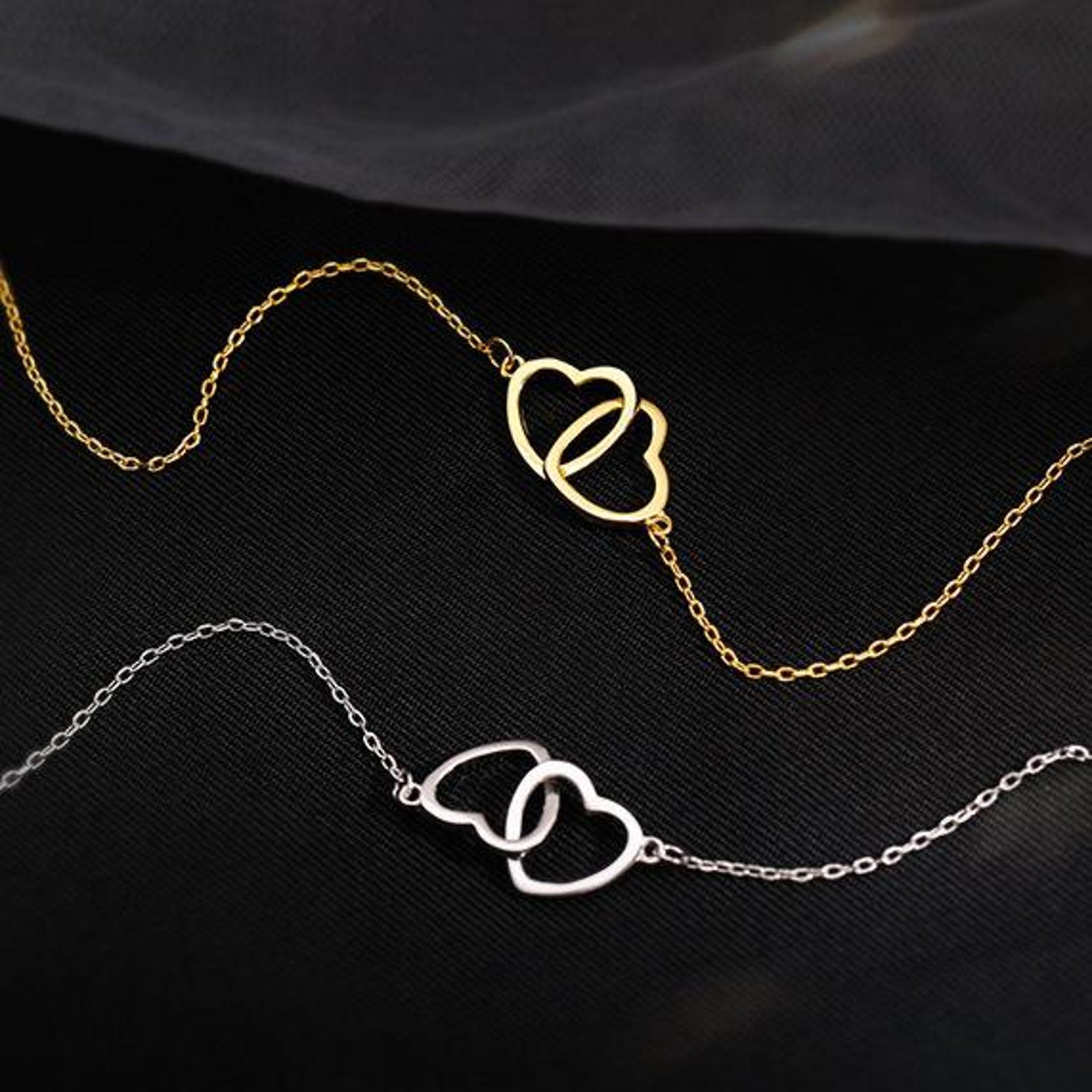 Double Ring Heart Shaped Necklace Two Interlocking Hearts Pendant ...