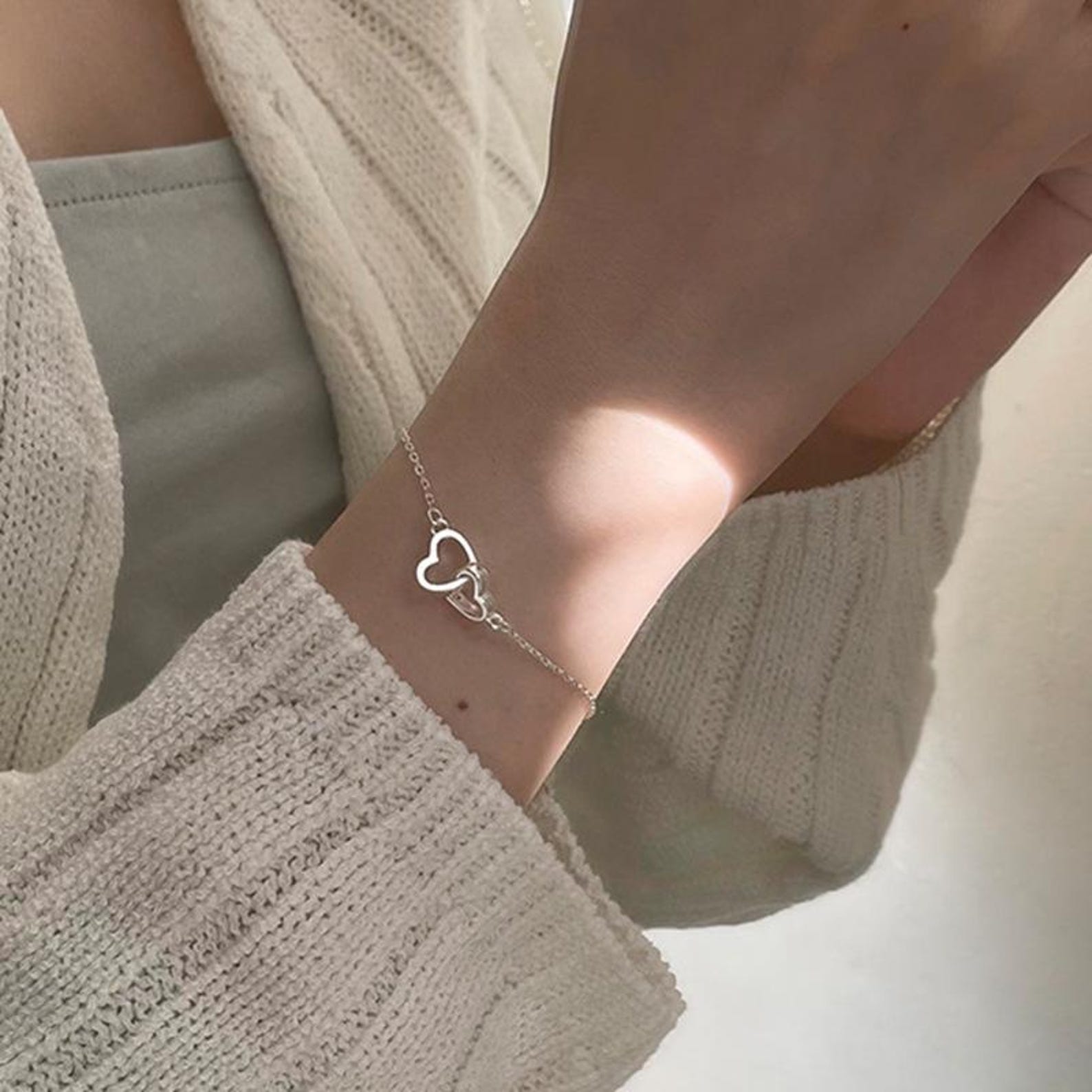 Interlocking Heart Bracelet, Double Heart Bracelet, Two Minimalist ...