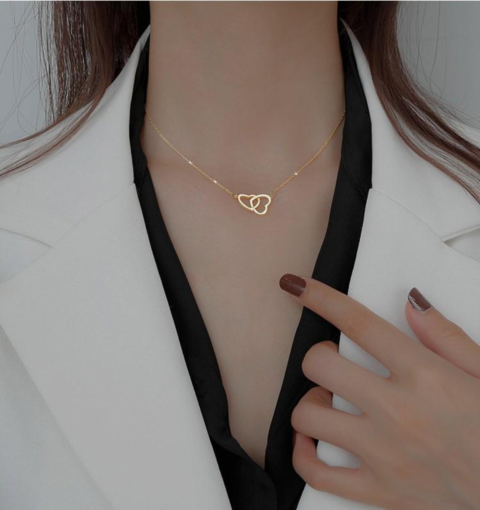 Double Ring Heart Shaped Necklace Two Interlocking Hearts Pendant ...
