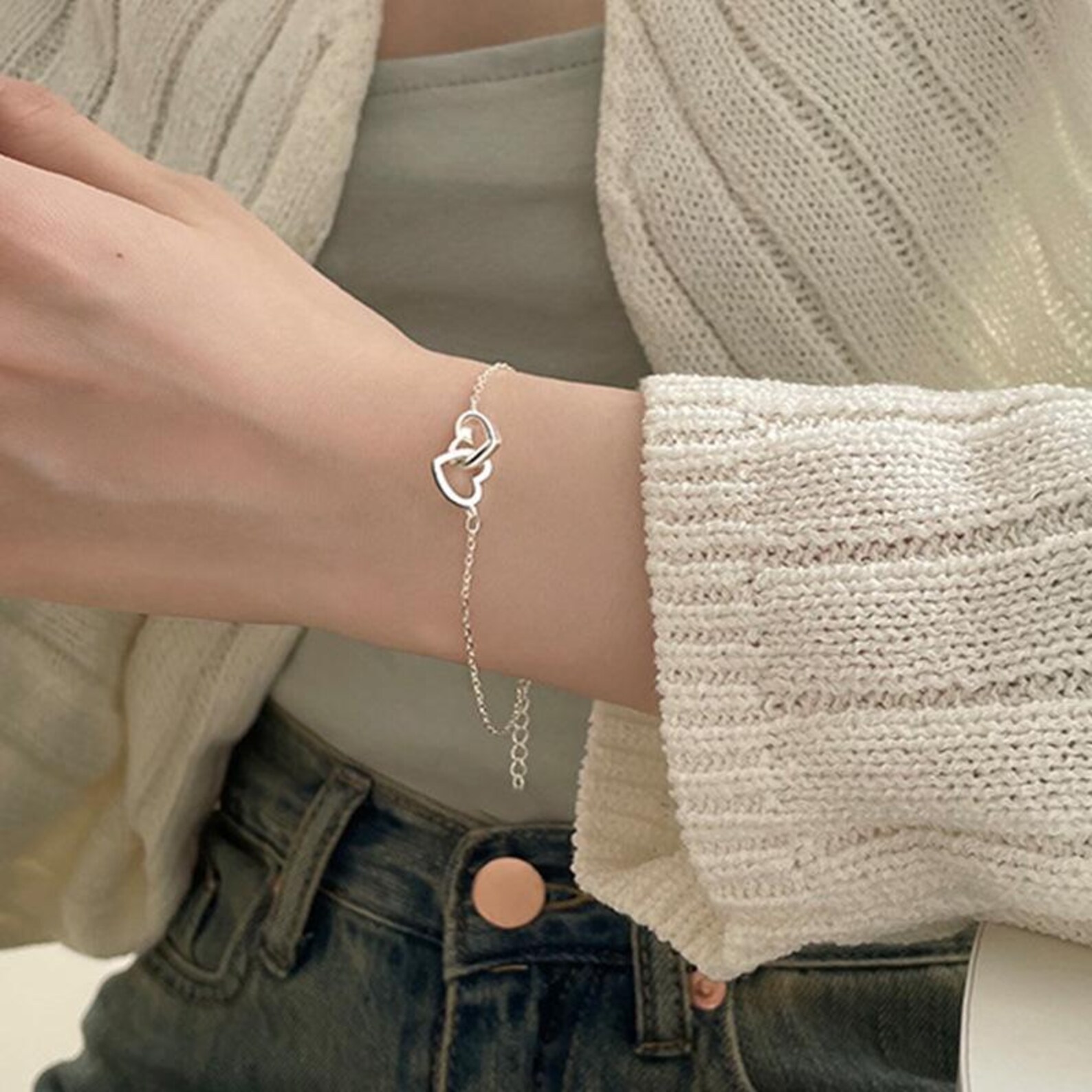 Double Ring Heart Shaped Necklace Two Interlocking Hearts Pendant ...