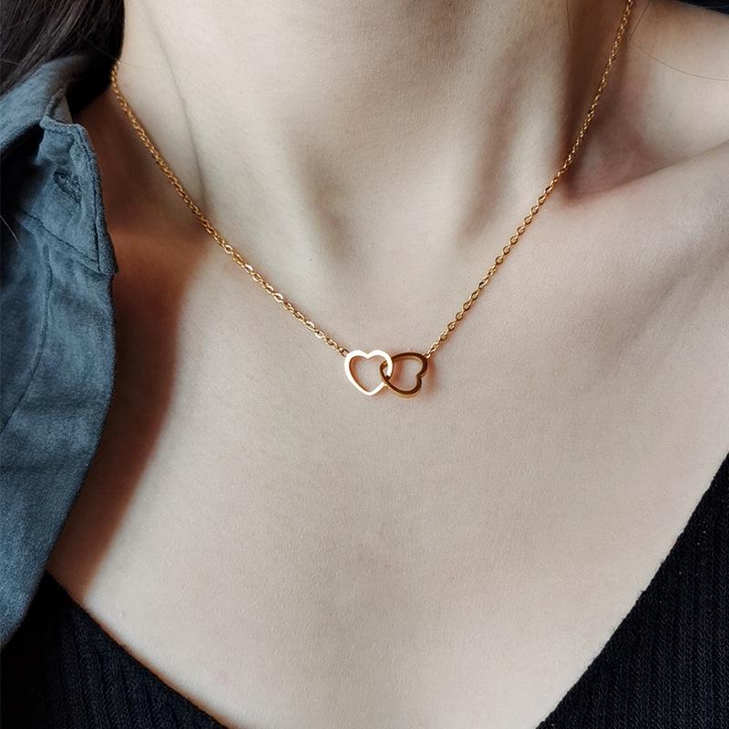 Double Ring Heart Shaped Necklace Two Interlocking Hearts Pendant ...