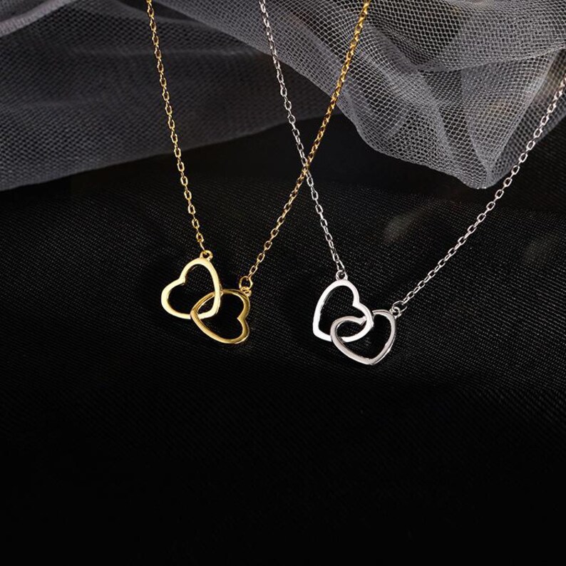 Double Ring Heart Shaped Necklace Two Interlocking Hearts Pendant ...
