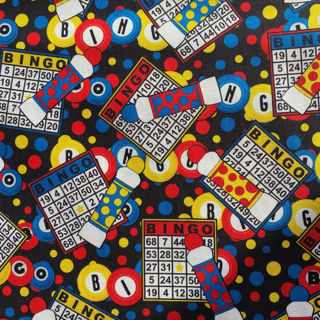 PRIMARY Black BINGO FABRIC Balls Cards Game Night - 100% Cotton Fabric ...