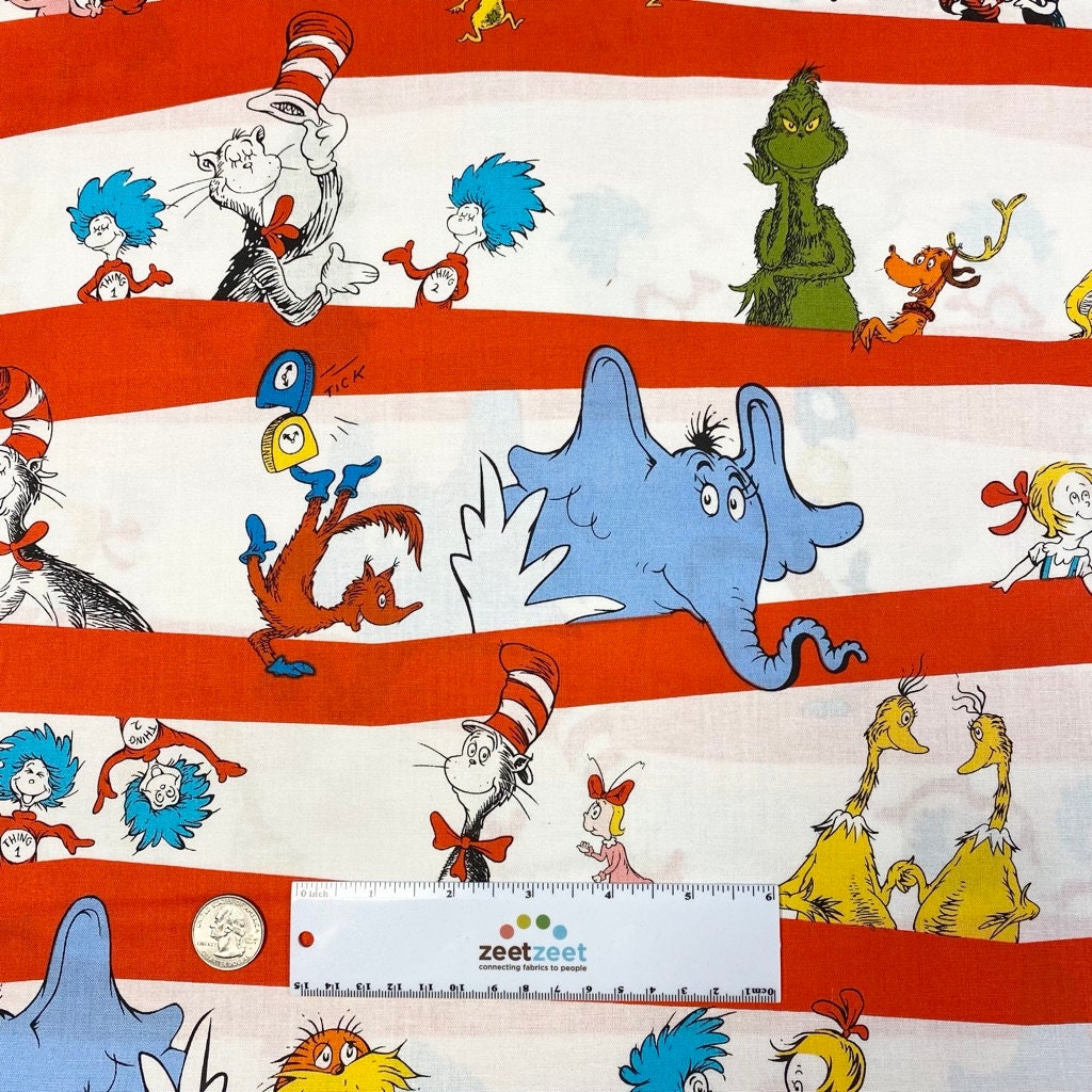 Dr. Seuss Fabric CELEBRATE SEUSS Red & White STRIPE | Etsy