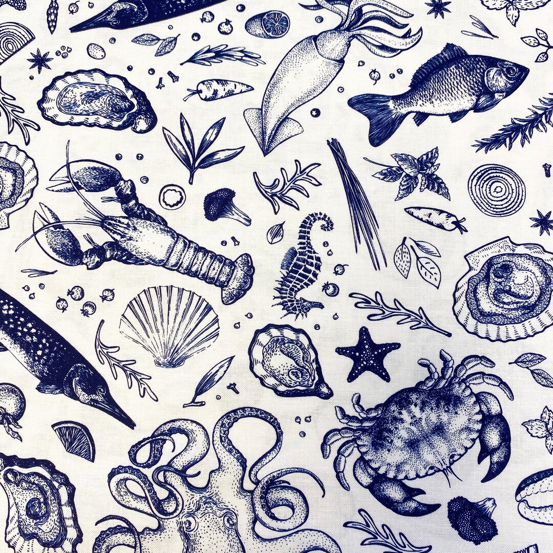 COASTAL Sea Life Fish Fabric - Crabs Sea Horse Lobster NAUTICAL Fabric ...