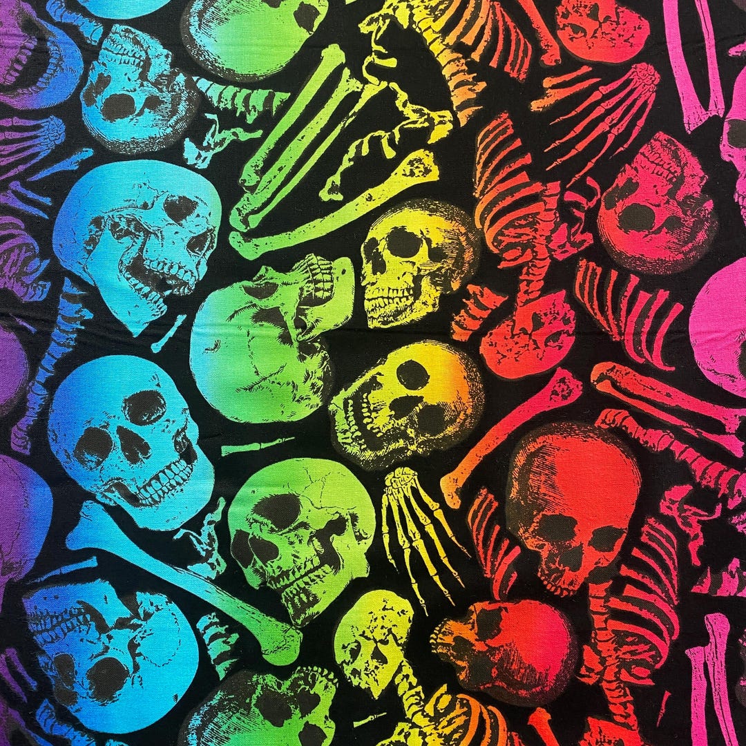 RAINBOW SKELETON Black Skull Fabric - Timeless Treasures - 100% Cotton ...