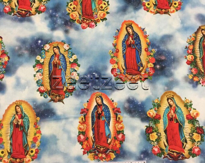 VIRGIN of GUADALUPE - Blue Virgin Mary Cotton Fabric by the 18" X 21 ...